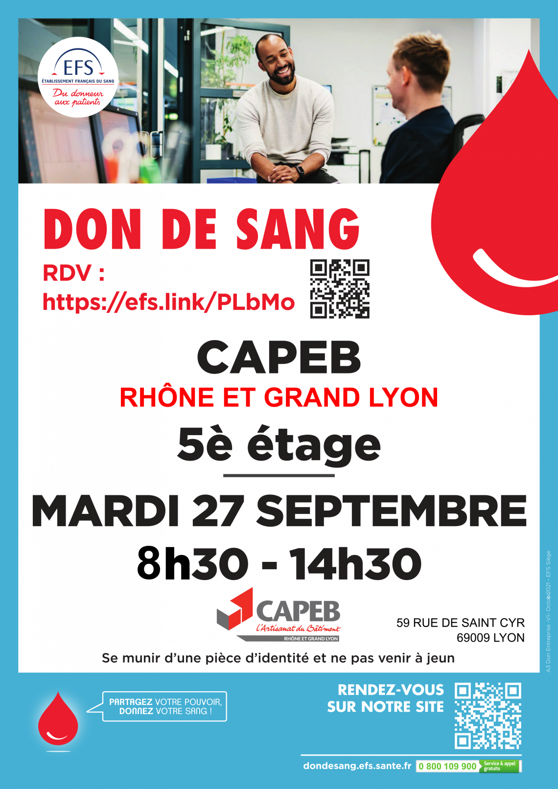 Don de sang mardi 27 septembre, à la CAPEB RHONE ET GRAND LYON ・ CAPEB