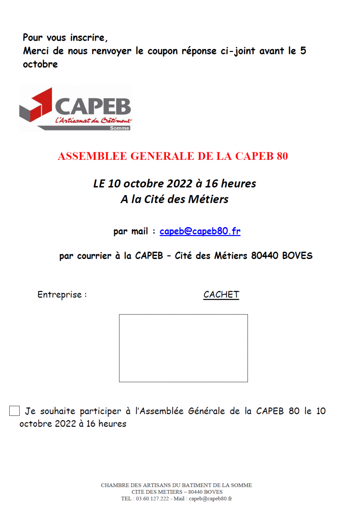 ASSEMBLEE GENERALE CAPEB 80 - LE LUNDI 10 OCTOBRE 2022 A 16H DANS NOS ...