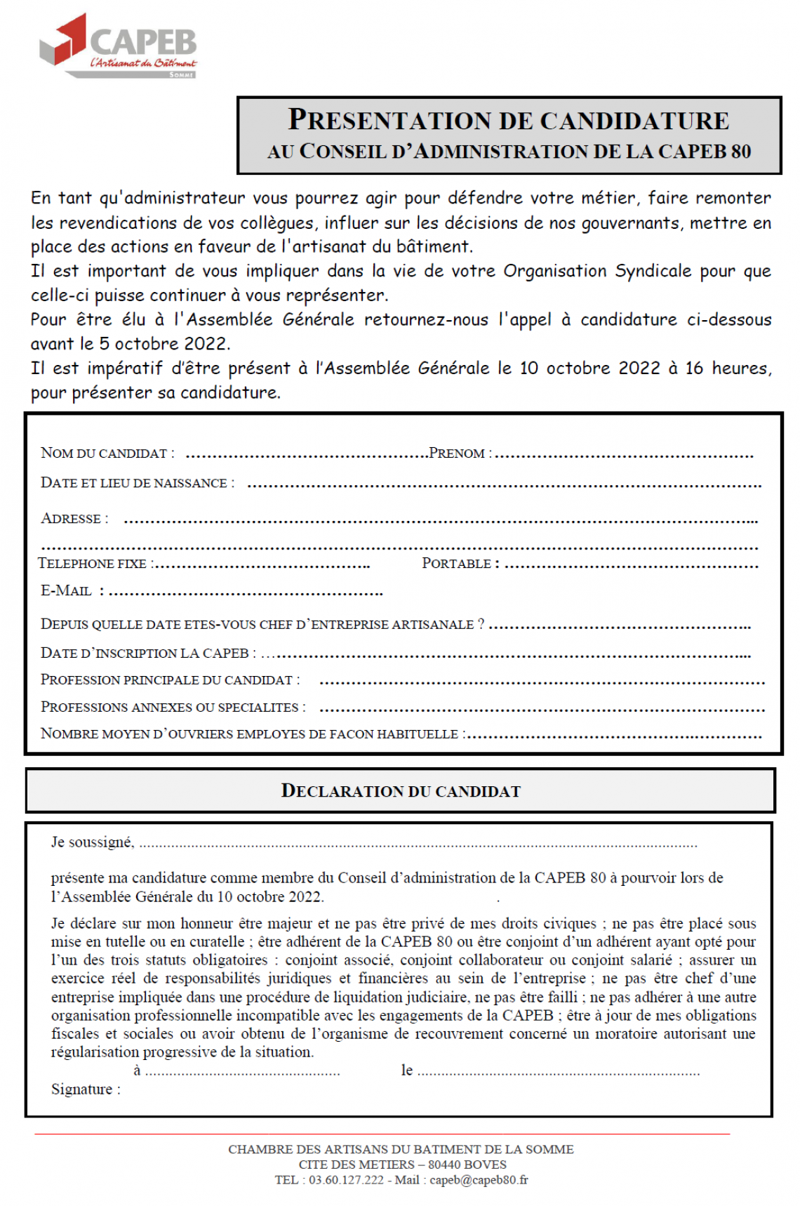 ASSEMBLEE GENERALE CAPEB 80 - LE LUNDI 10 OCTOBRE 2022 A 16H DANS NOS LOCAUX ・ CAPEB