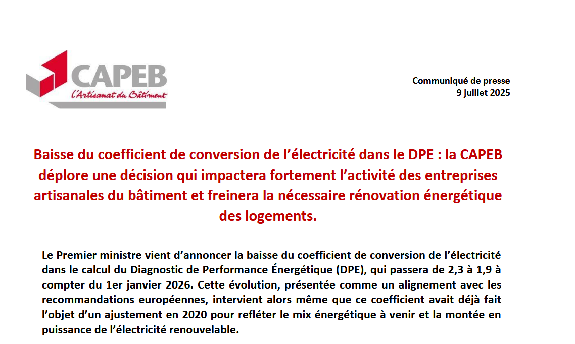 Baisse du coefficient de conversion de l’électricité dans le DPE : la CAPEB déplore une décision ...