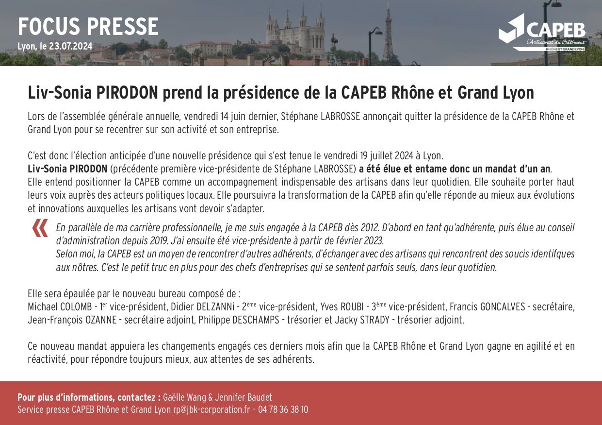 Focus Presse : Liv-Sonia PIRODON prend la présidence de la CAPEB Rhône ...