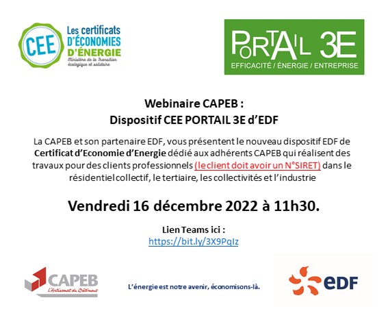 Webinaire de présentation du nouveau Dispositif CEE EDF/PORTAIL 3E ・ CAPEB