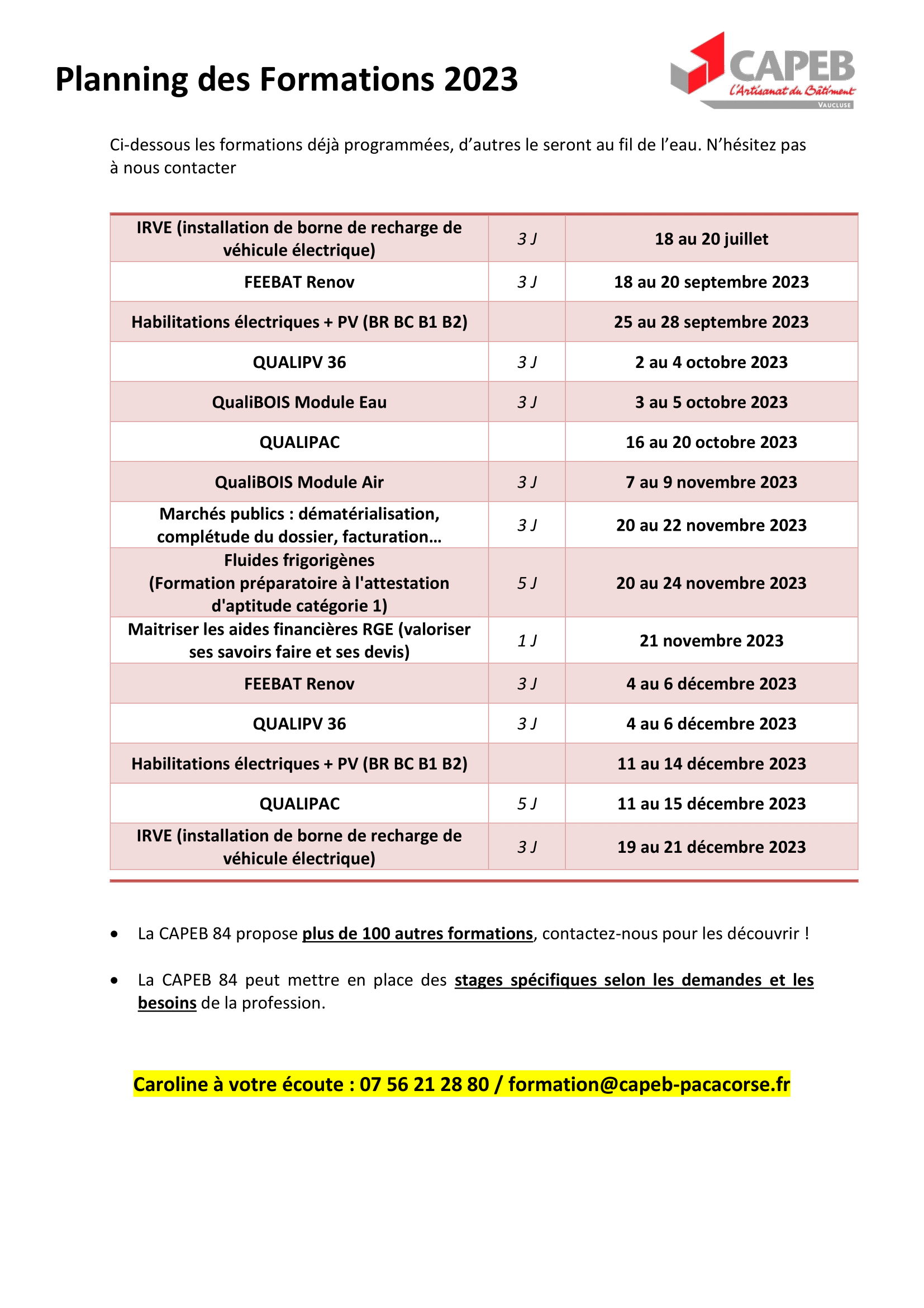 Formations 2ème semestre 2023 ・ CAPEB